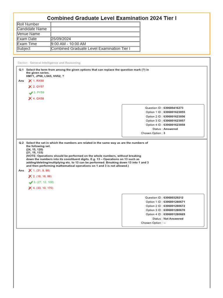 SSC CGL Tier 1 Question Paper 2024 PDF in English 25 Sep 2024 | PDF ...