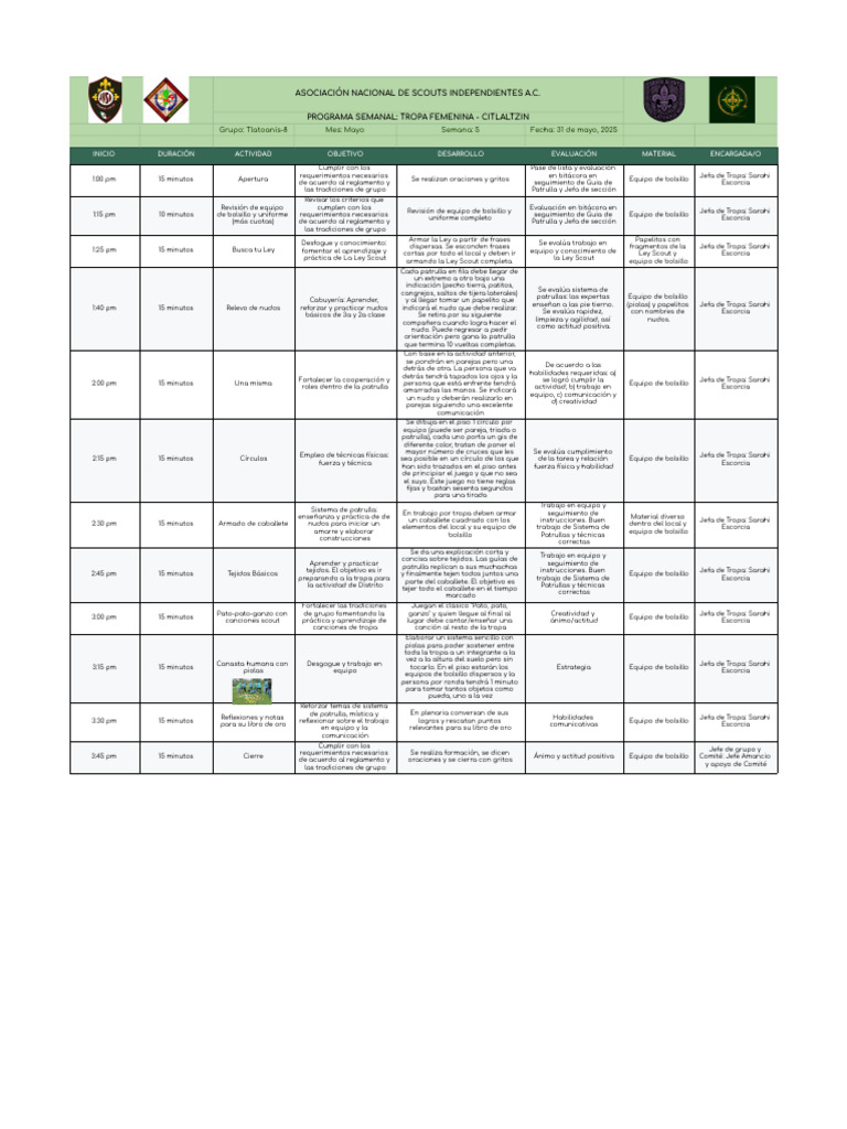 Programas Semanales 2025 | PDF | Exploración | Movimientos juveniles