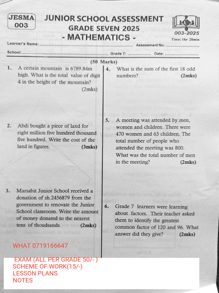 Grade 7 003 Jesma All Subjects With Marking Scheme01 - Sign | PDF