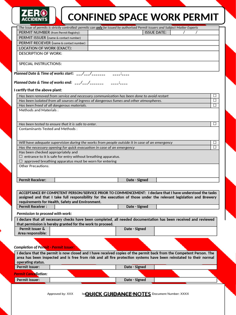 Confined Space Work Permit: Quick Guidance Notes | PDF | Personal ...