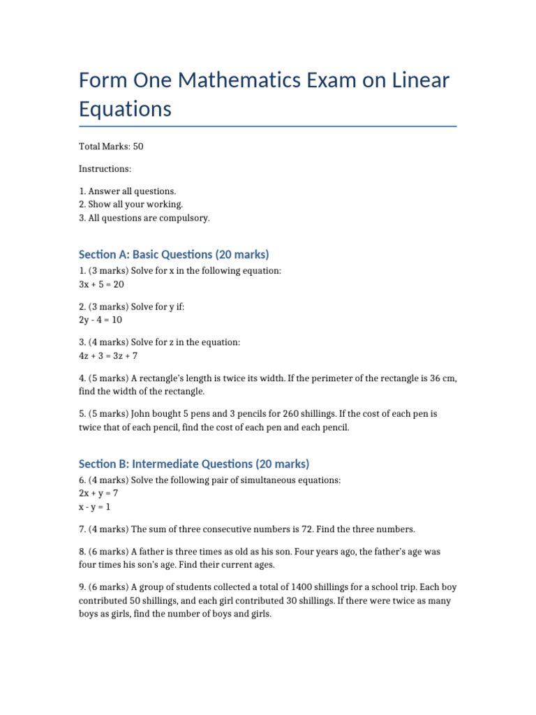 Form One Mathematics Exam On Linear Equations | PDF