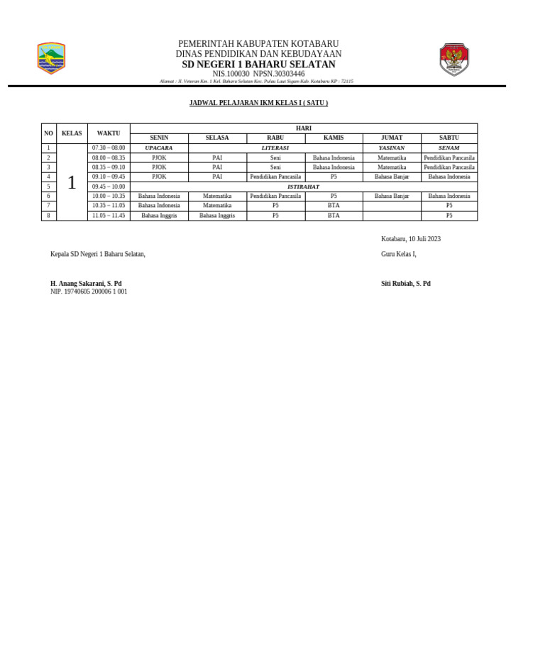 Jadwal Pelajaran Ikm Kls. 1 | PDF