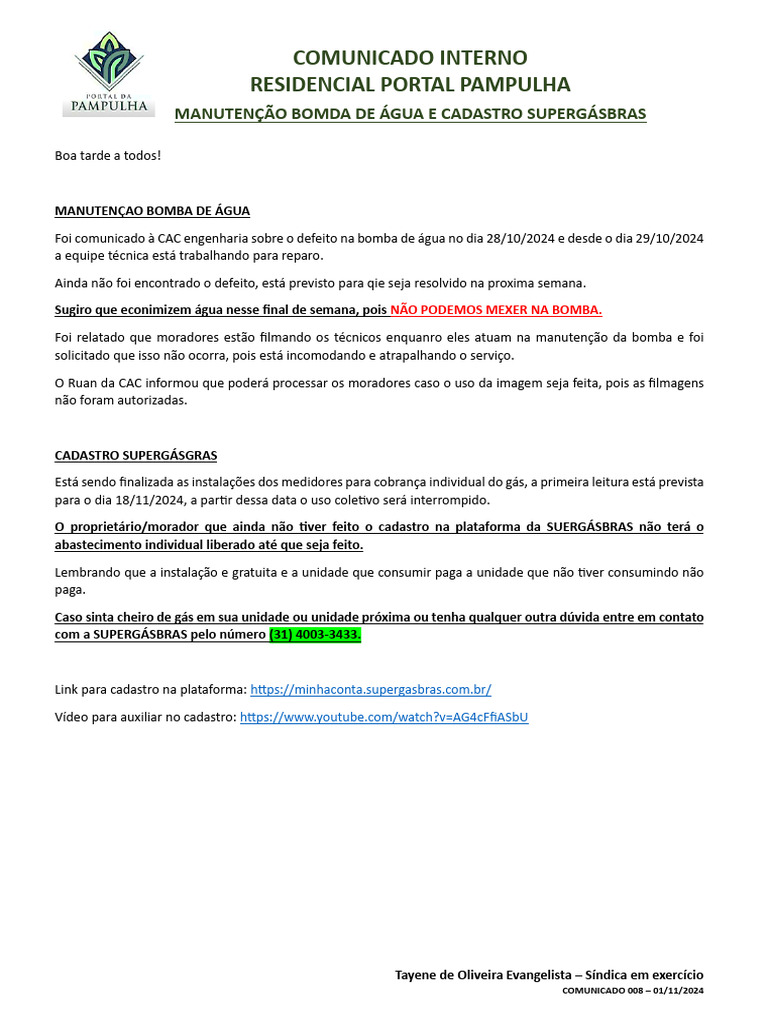 Comunicado 008 - Defeito Bomba e | PDF