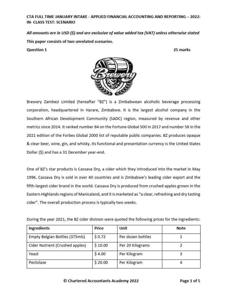 Final Cta FT Jan Diagnostic Exam 2022 Financial Accounting Reporting-Scenario - TD | PDF | Cider ...