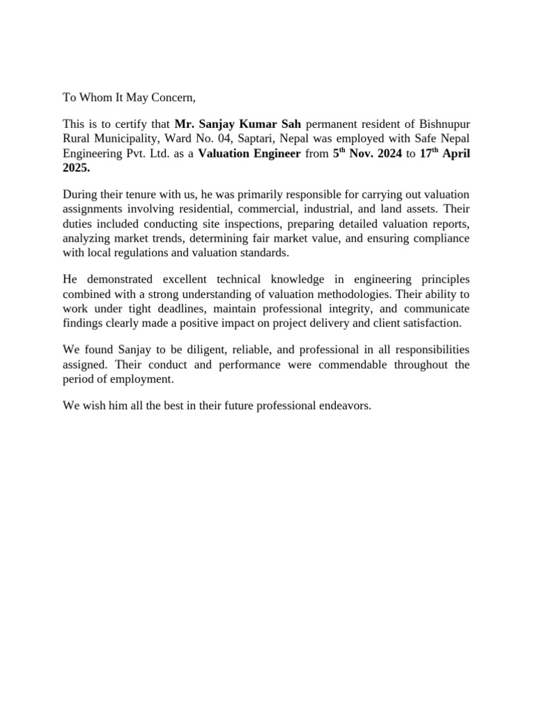 Experience Letter For Valuation | PDF