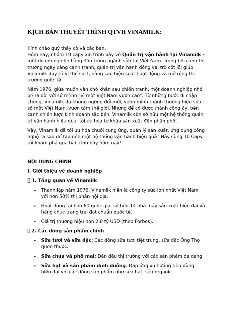 KỊCH BẢN THUYẾT TRÌNH QTVH VINAMILK | PDF
