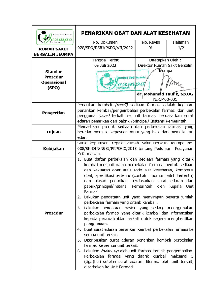 Prosedur Penarikan Obat di RS Jeumpa | PDF