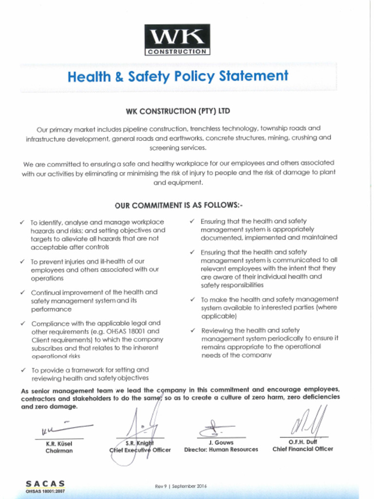 WK Construction Health and Safety Policy 2016 | PDF