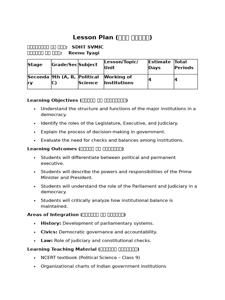 Class 9 Lesson Plan: Institutions | PDF | Democracy | Political Ideologies