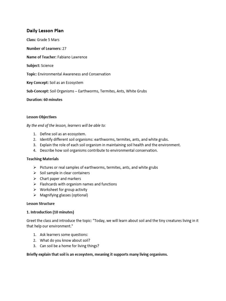 5 Mars Lesson Plan Science | PDF | Soil | Learning