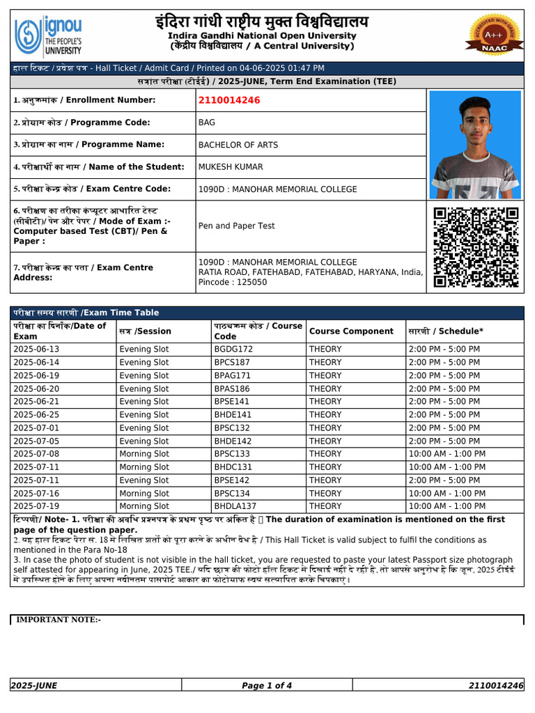 Mukesh Admit Card Ignou | PDF