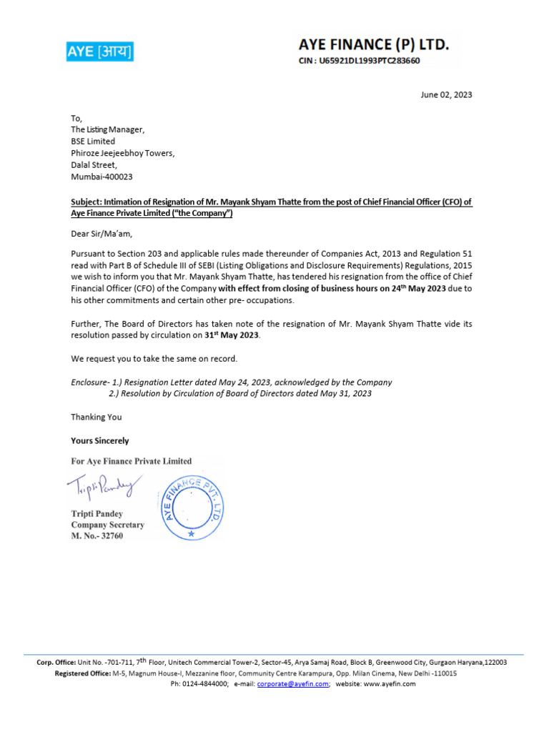 Resignation of CFO Mayank Thatte | PDF | Companies | Corporations