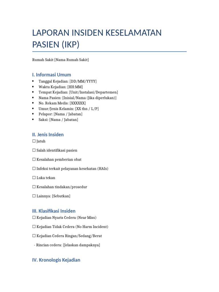 Contoh Laporan Insiden Keselamatan Pasien | PDF