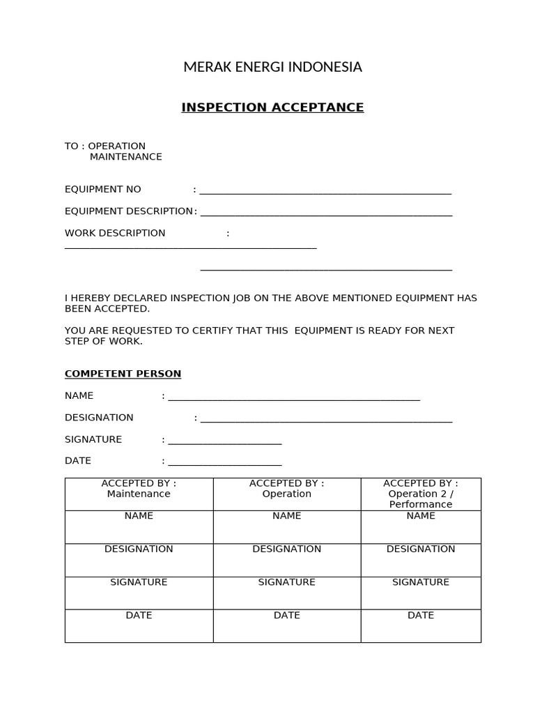 Acceptance Form For Inspection Work | PDF