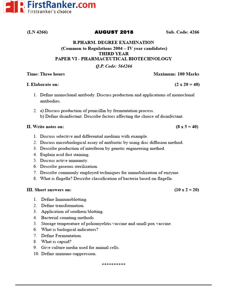 Pharmaceutical Biotechnology Exam Paper | PDF | Bacteria | Monoclonal ...