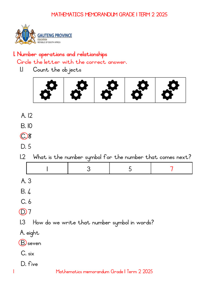 2025 Term 2 Grade 1 English Maths Memo | PDF