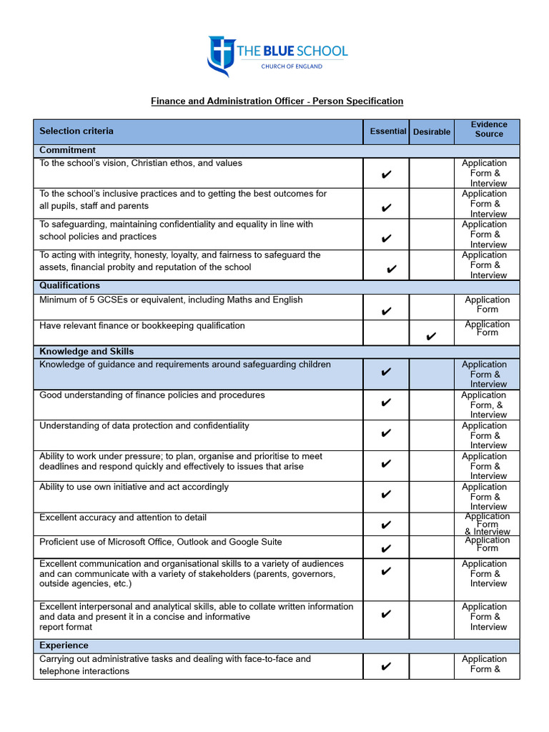 Finance and Administration Officer - Person Spec | PDF | Skill | Social ...