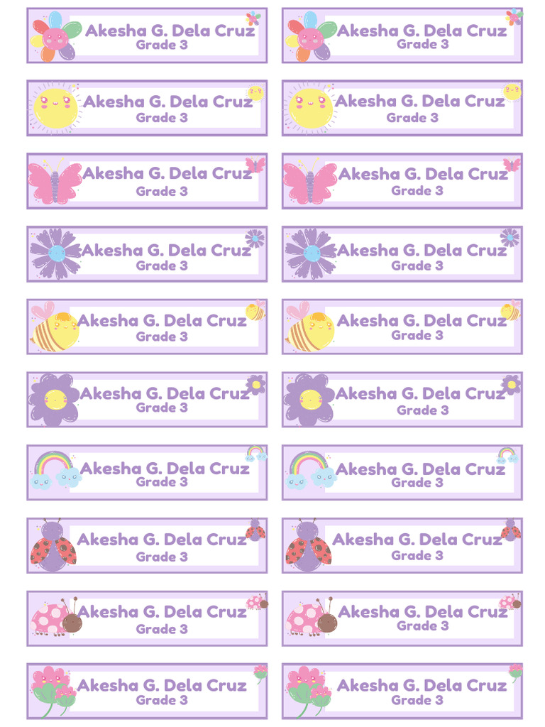 Purple Pink Playful Cute Illustration Book Name Label A4 Document | PDF
