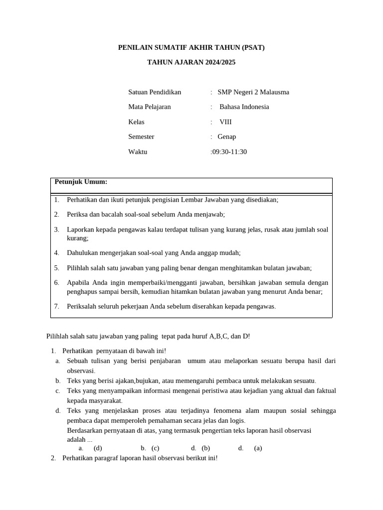 Soal Psat Bindo 8 | PDF