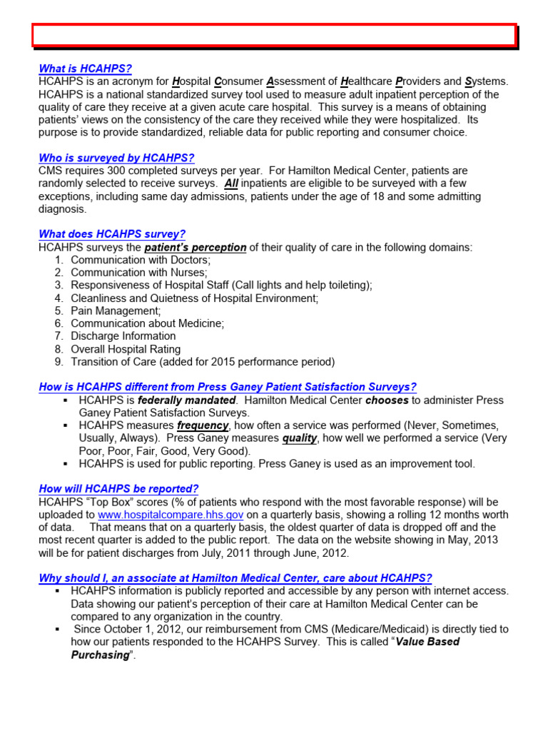 HCAHPS Information Sheet | PDF | Patient | Hospital