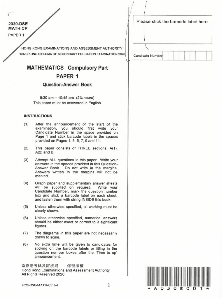 2020 HKDSE Mathematics Paper 1 | PDF