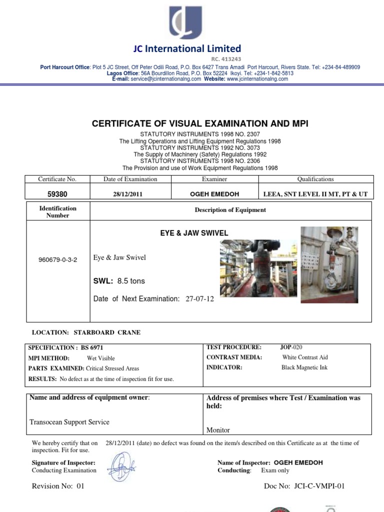 International Limited: Certificate of Visual Examination and Mpi | PDF ...