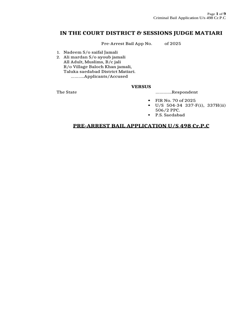 Pre-Arrest Bail Application 498 Cr.P.C | PDF | Bail | Affidavit