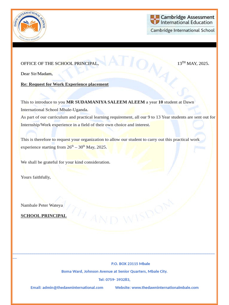 Work Experience Placement Request Letter | PDF