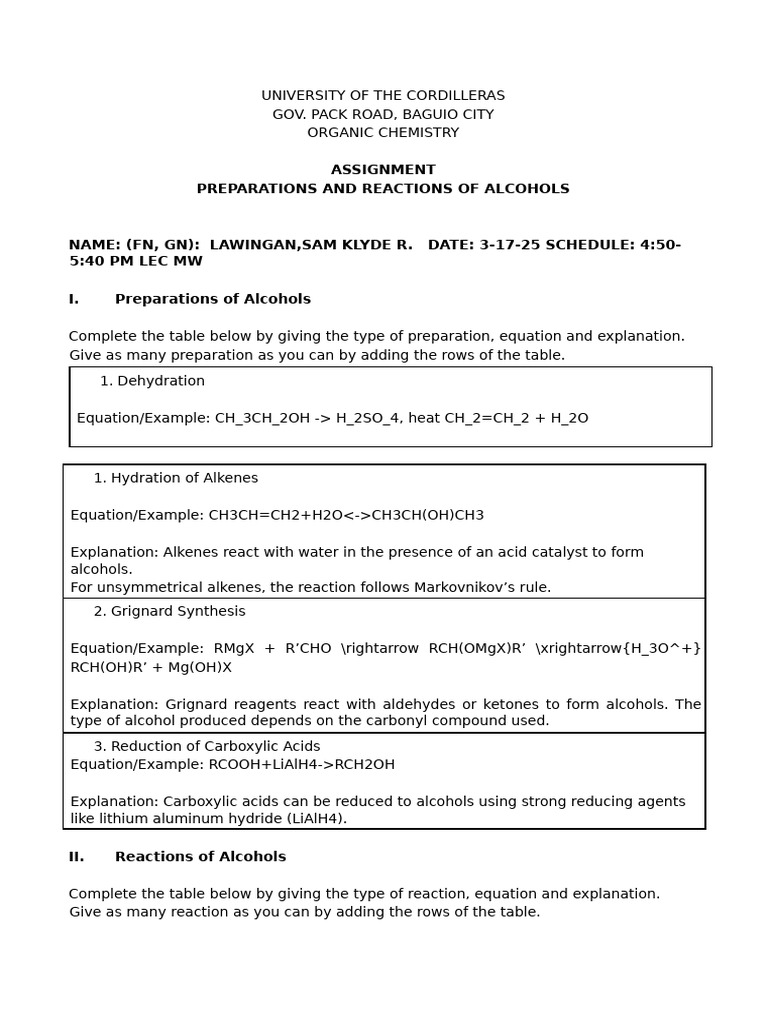 Assignment Preparations and Reactions of Alcohols | PDF