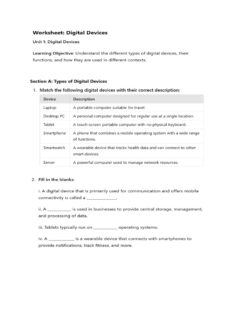 Worksheet 1 On DigitalDevices | PDF