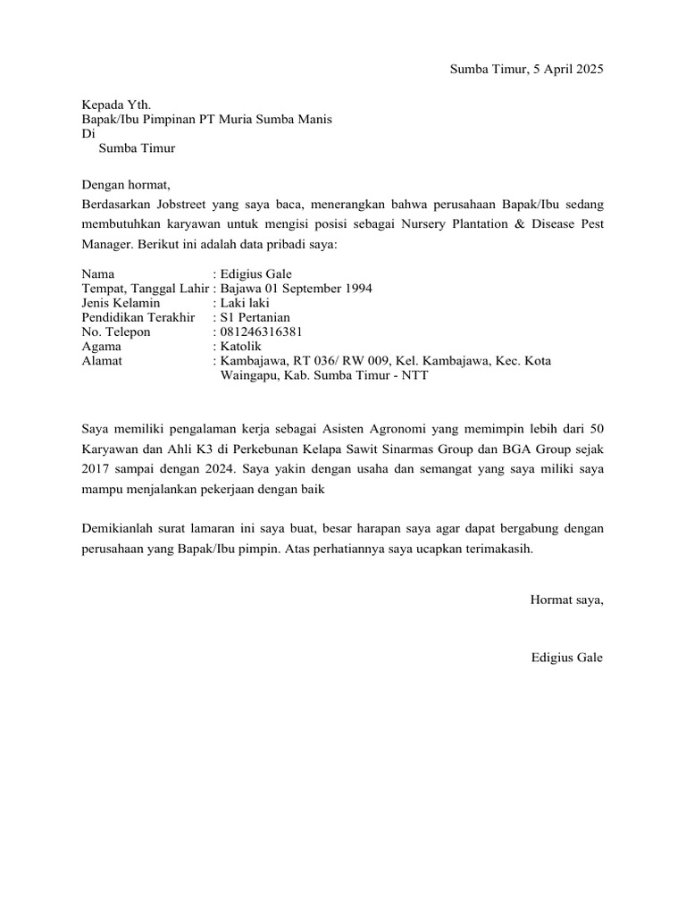 Surat Lamaran Kerja PT MSM | PDF