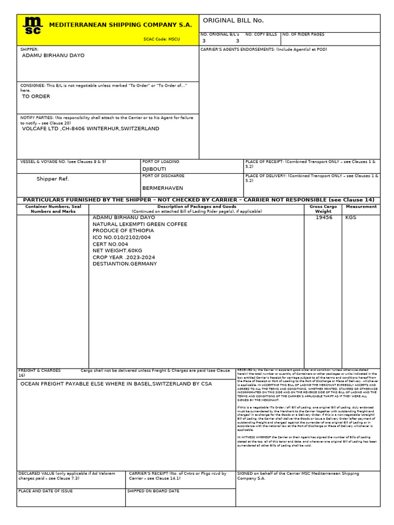 MSC Bill Template 1 - ADAMU | PDF | Bill Of Lading | Cargo