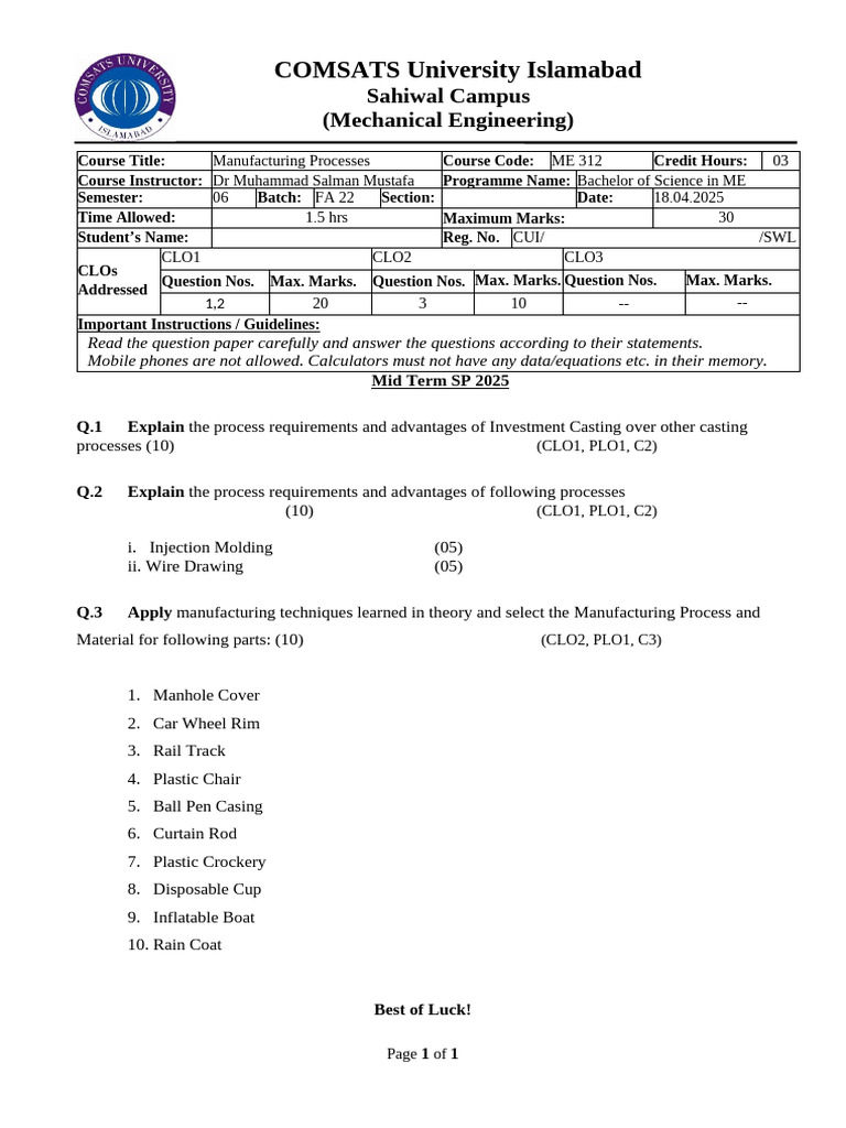 Manufacturing Processes Exam 2025 | PDF