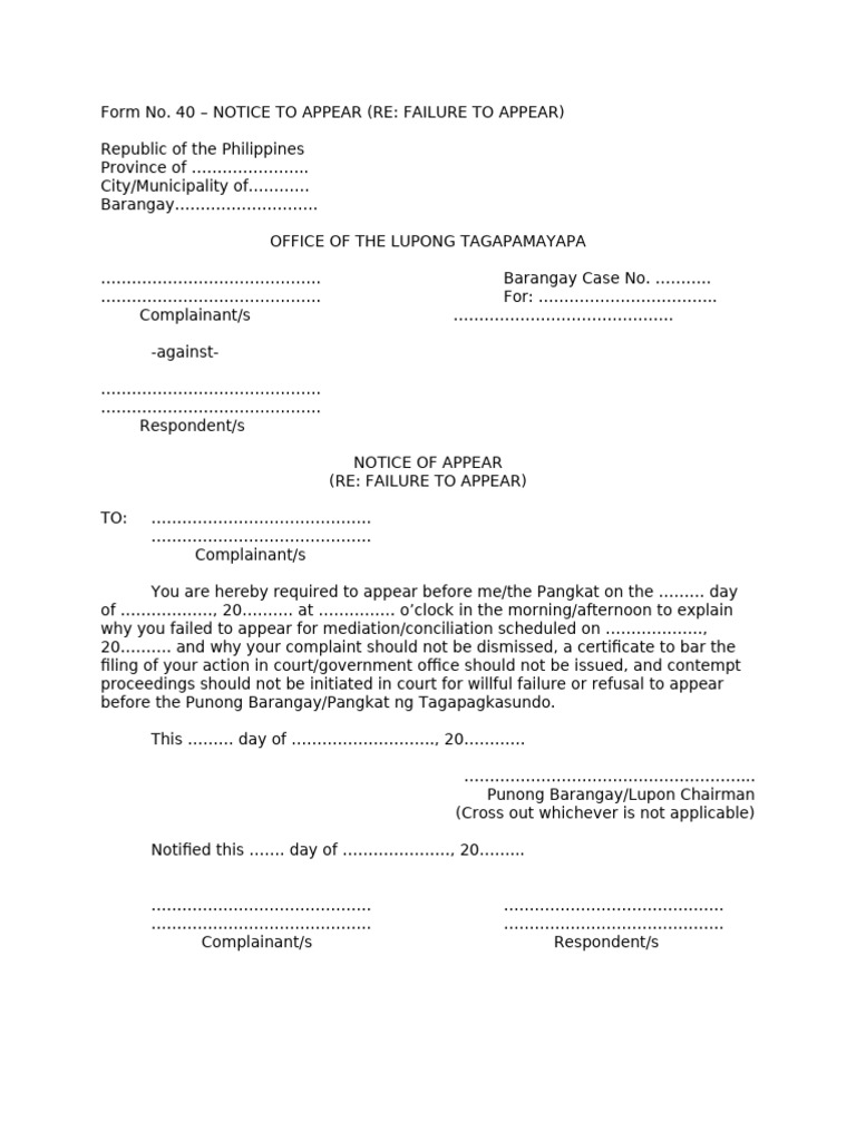 Form No. 40 – Notice to Appear (Failure to Appear) | PDF
