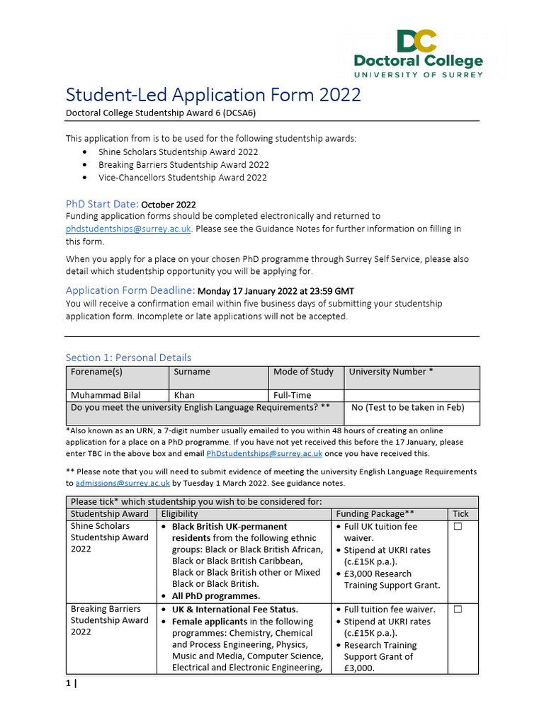 Doctoral College Studentship Award 6 - Application Form 2022 - Bilal - PSC | PDF | Solar Cell ...