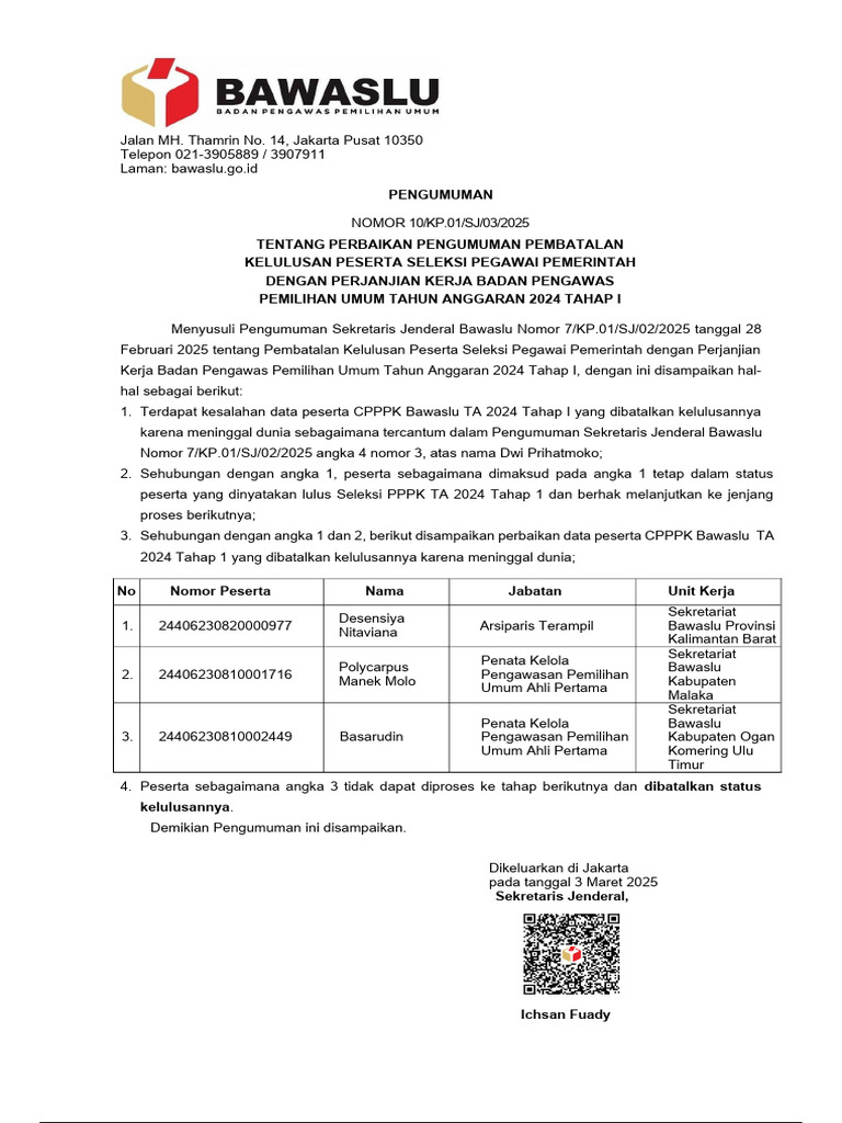 Perubahan Pengumuman Pembatalan Kelulusan PPPK Tahap I | PDF