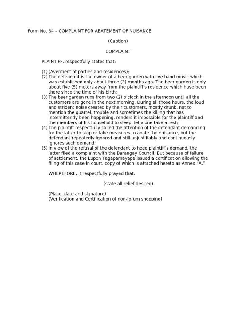 Form No. 64 - Complaint For Abatement of Nuisance | PDF