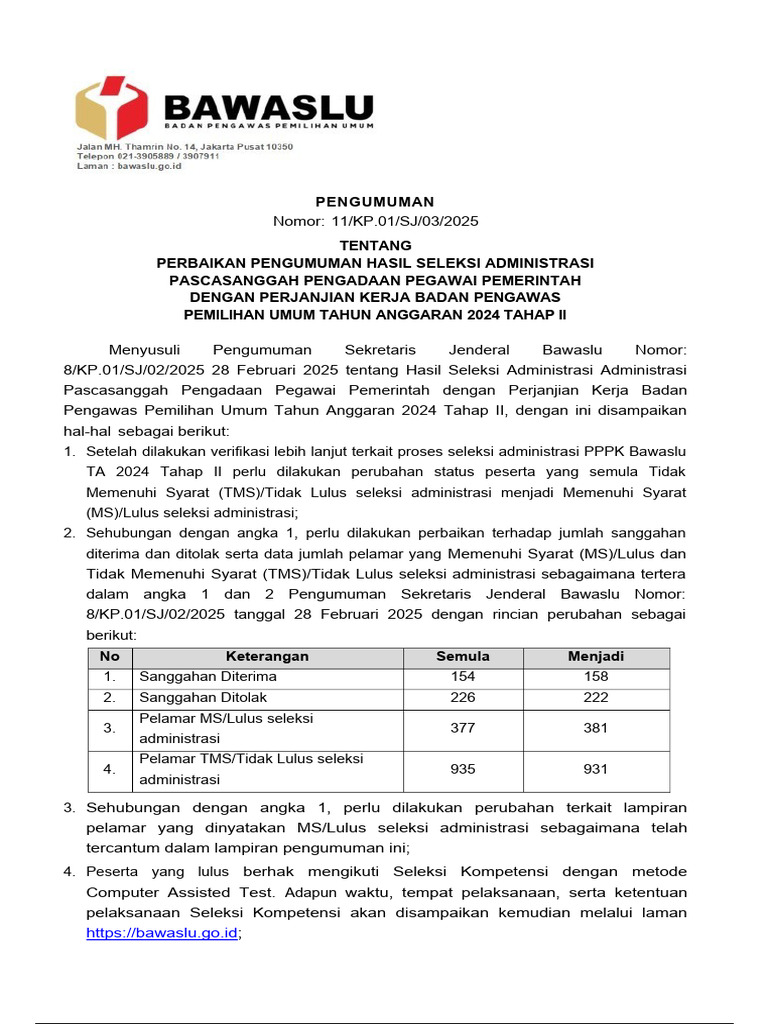 Pengumuman Perbaikan Hasil Seleksi Administrasi PPPK Tahap 2 Pasca Sanggah | PDF