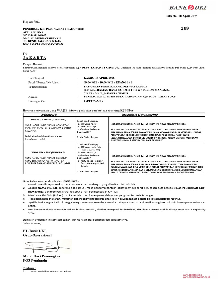 Undangan Pertama KJP Tahap I 2025 - Jakarta Pusat (2224) | PDF