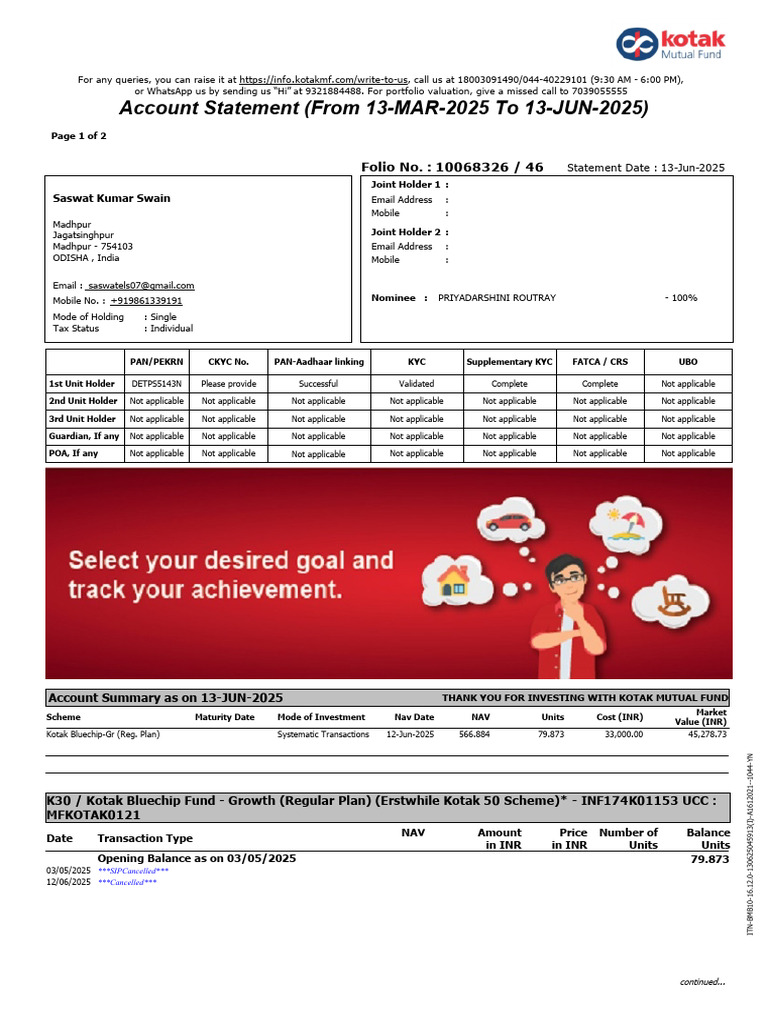Kotak Mutual Fund Account Statement | PDF | Banks | Exchange Traded Fund