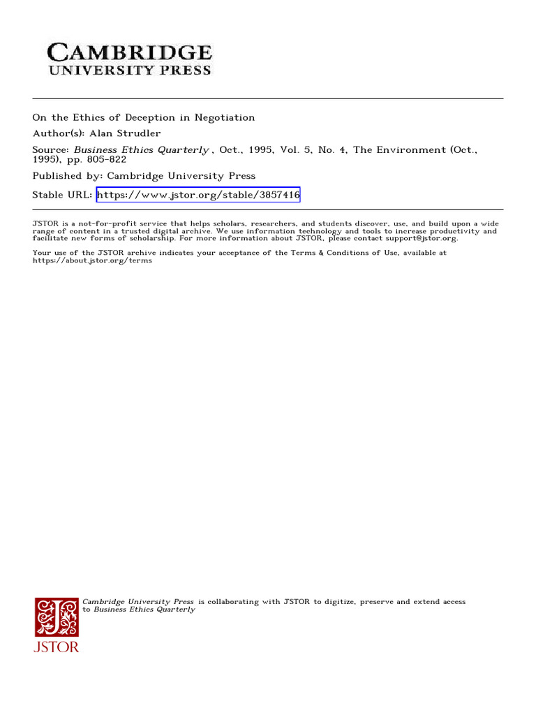 Ethics Od Deception in Negotiation | PDF | Deception | Negotiation