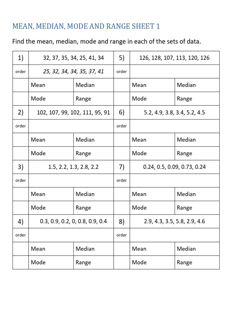 Mean, Median, Mode and Range Exercise 1 | PDF