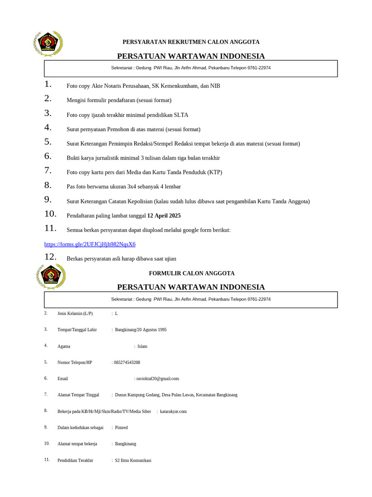 Formulir Rekrutmen PWI Riau 2025 | PDF