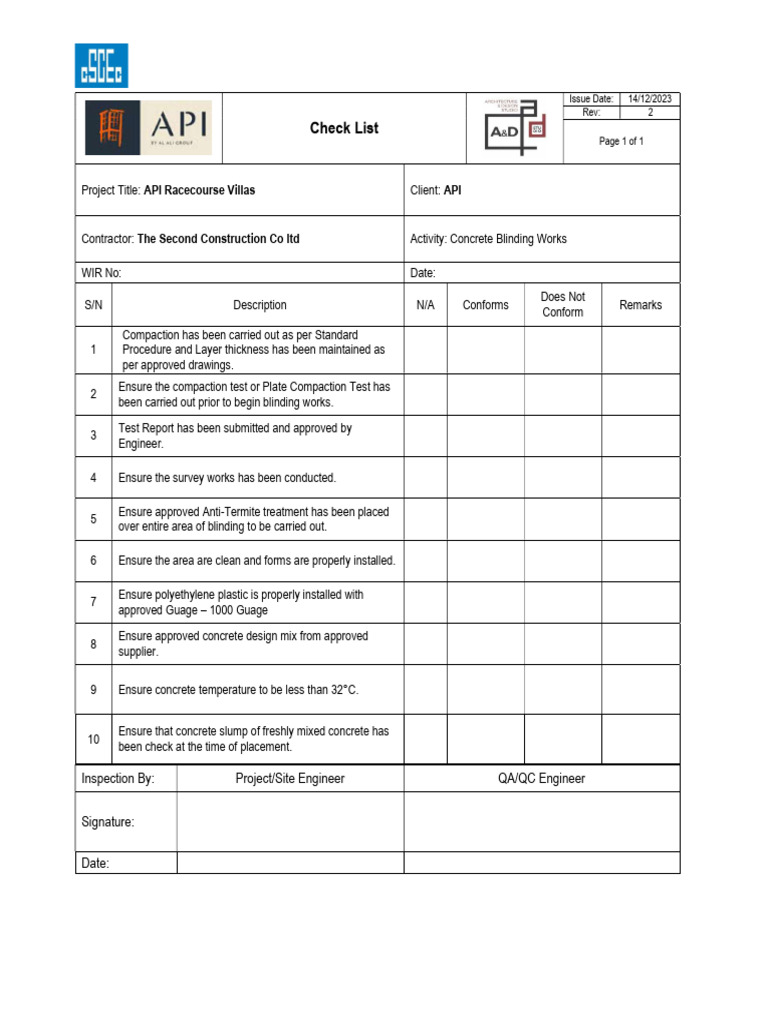 Concrete Blinding Works Checklist | PDF