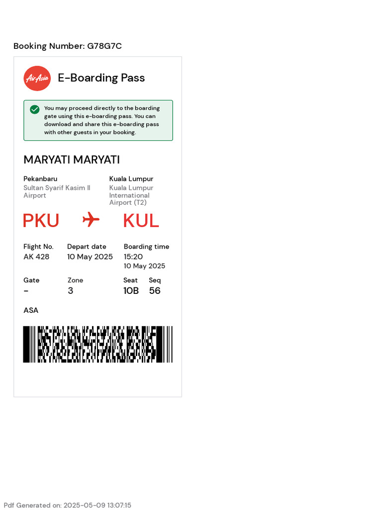 E-Boarding Pass: Booking Number: G78G7C | PDF