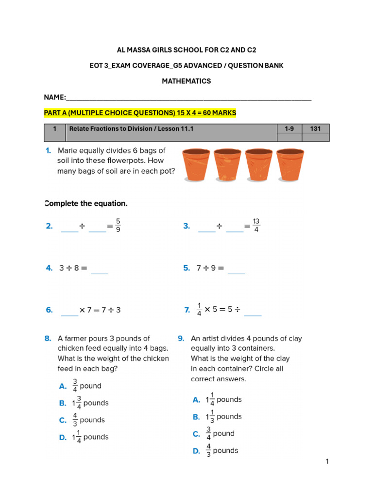 Eot 3 - Exam Coverage Question Bank - g5 Adv | PDF | Mathematics