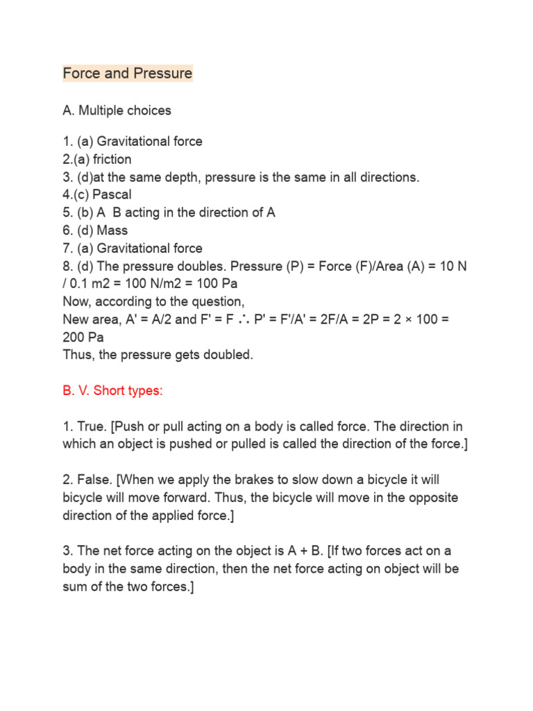 Force and Pressure - Class 8 (Living Science - CBSE) | PDF | Force ...