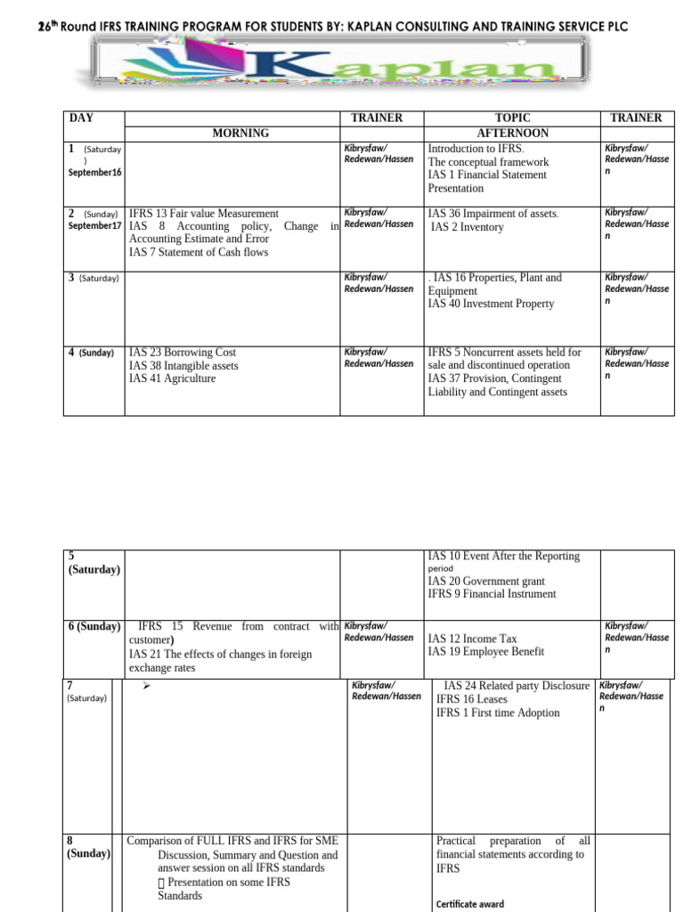 27th Round IFRS Training Schedule KAPLAN | PDF | International ...