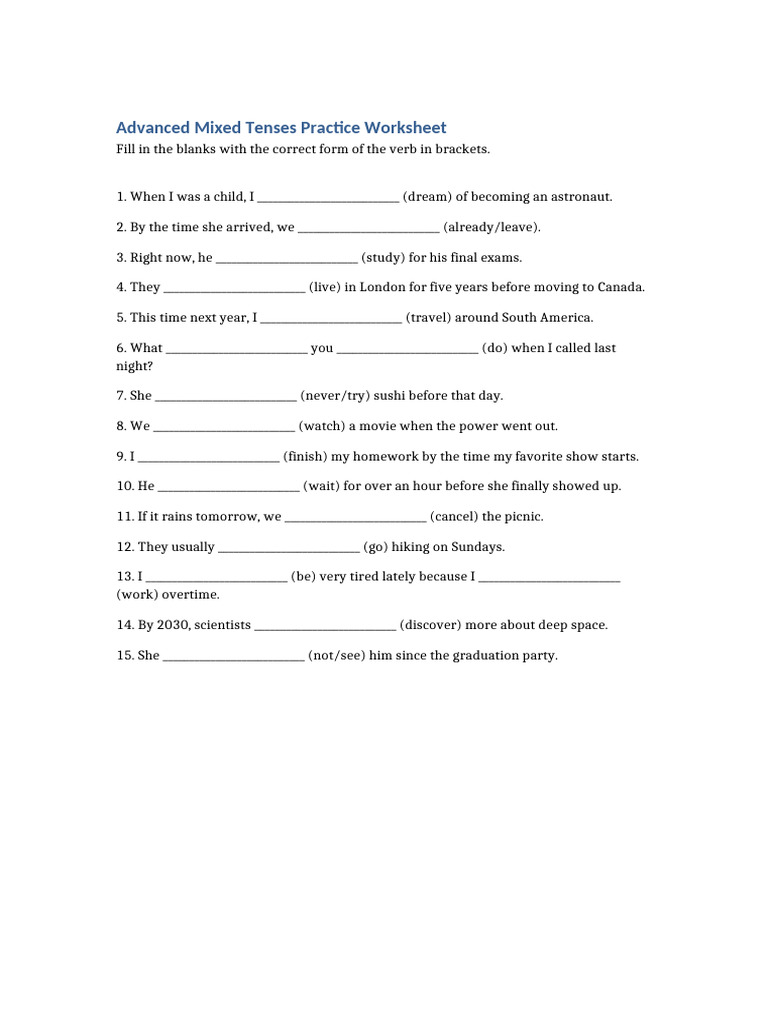 Advanced Mixed Tenses Worksheet | PDF