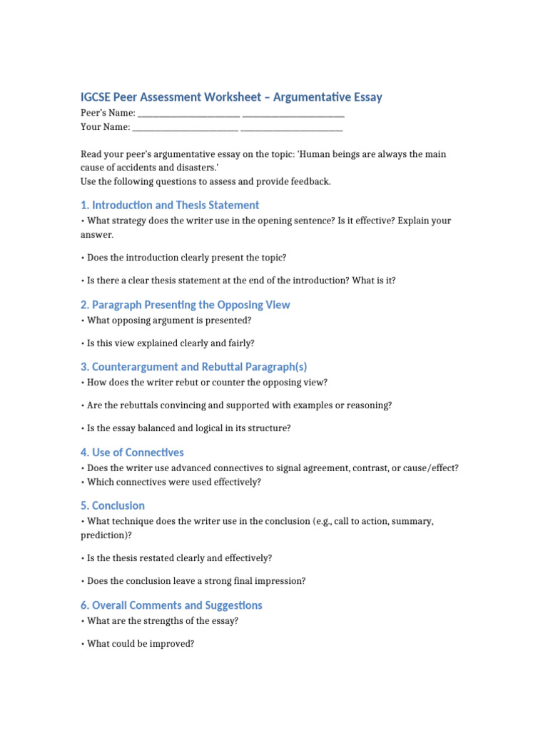 IGCSE Argumentative Essay Peer Review Guide | PDF